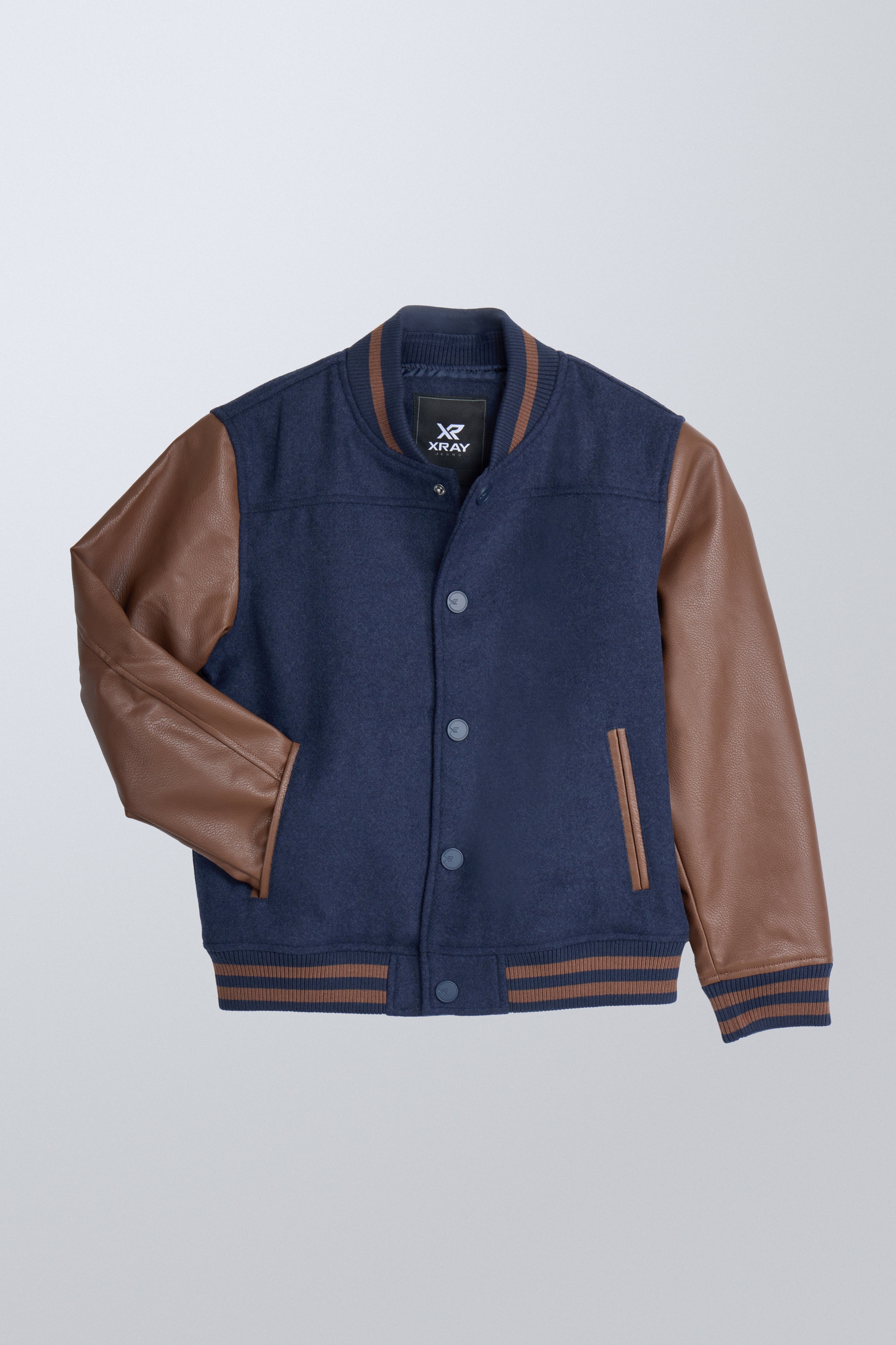 X RAY Boy's Wool Varsity Bomber Jacket With Grainy PU X RAY Boy's Wool Varsity Bomber Jacket With Grainy PU